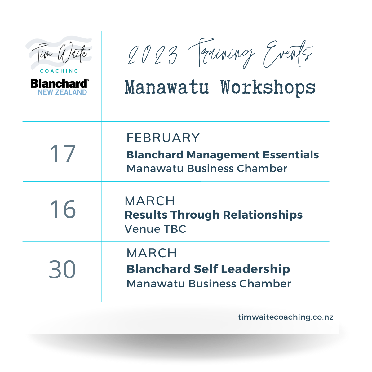 Manawatu Workshop Calendar 2023 - Tim Waite Coaching